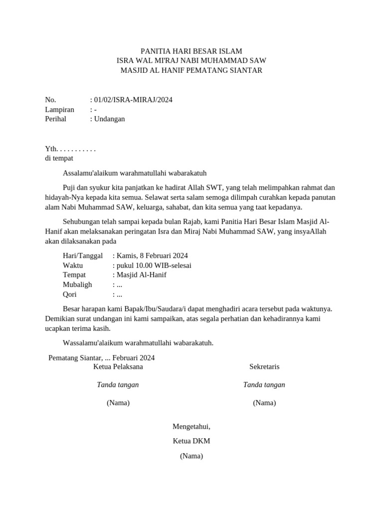 Contoh Surat Undangan Acara Isra Miraj Di Masjid | PDF