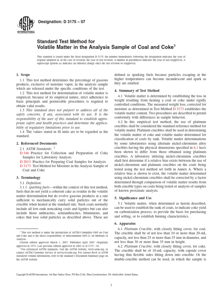 Volatile Matter Test Method for Coal | PDF