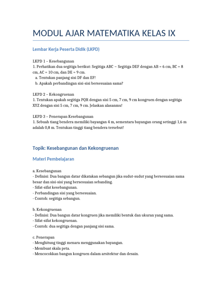 LAMPIRAN 9 Modul Ajar Matematika Kelas9 Kesebangunan Dan Kekongruenan | PDF
