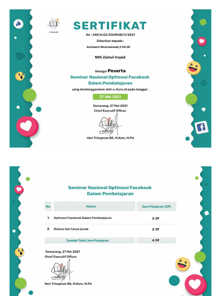 Sertifikat Aminatul Mutmainnah - Seminar Nasional Optimalisasi Facebook Dalam Pembelajaran ...
