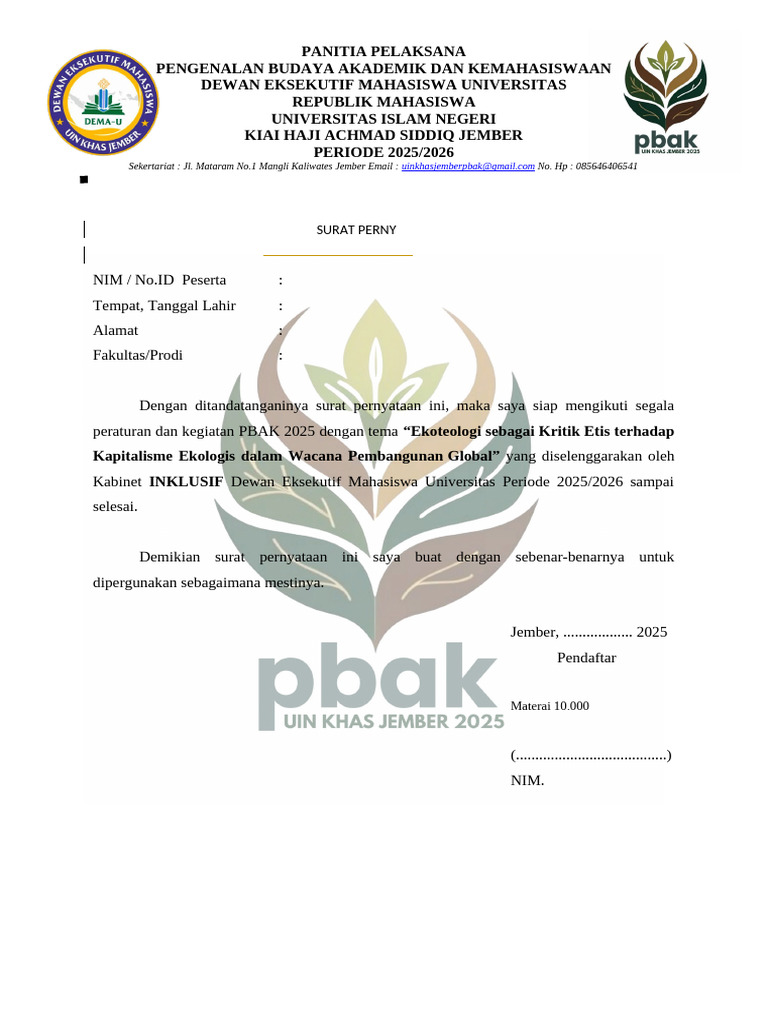 Surat Pernyataan PBAK 2025 | PDF
