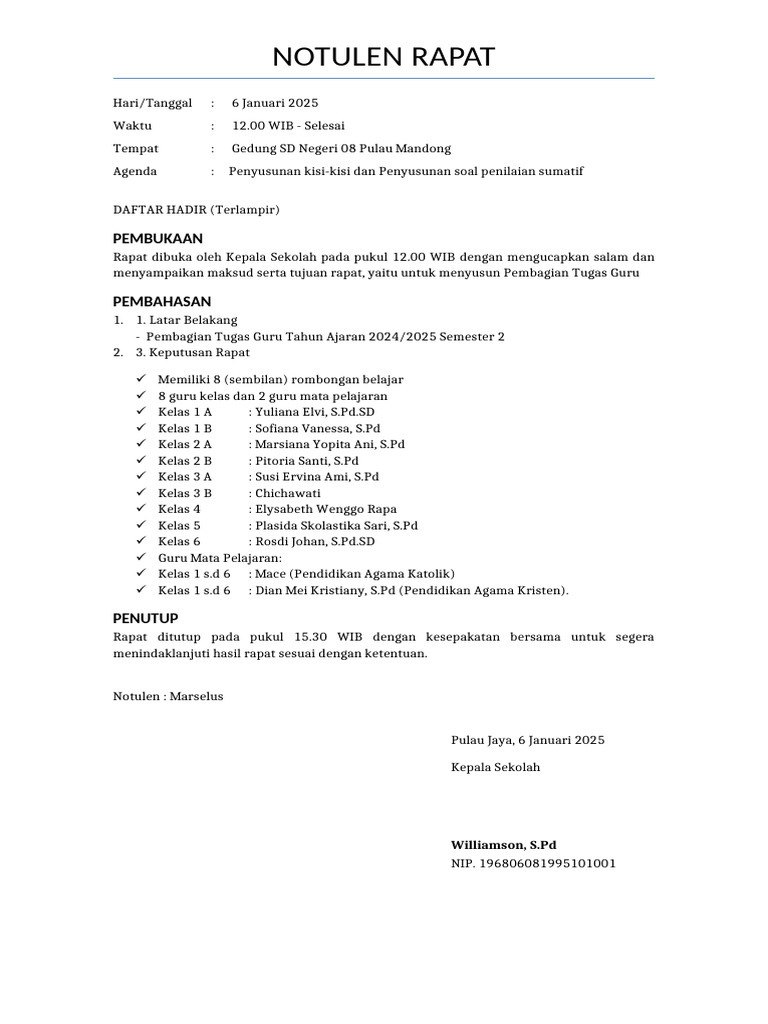 Notulen Rapat Pembagian Tugas Guru | PDF