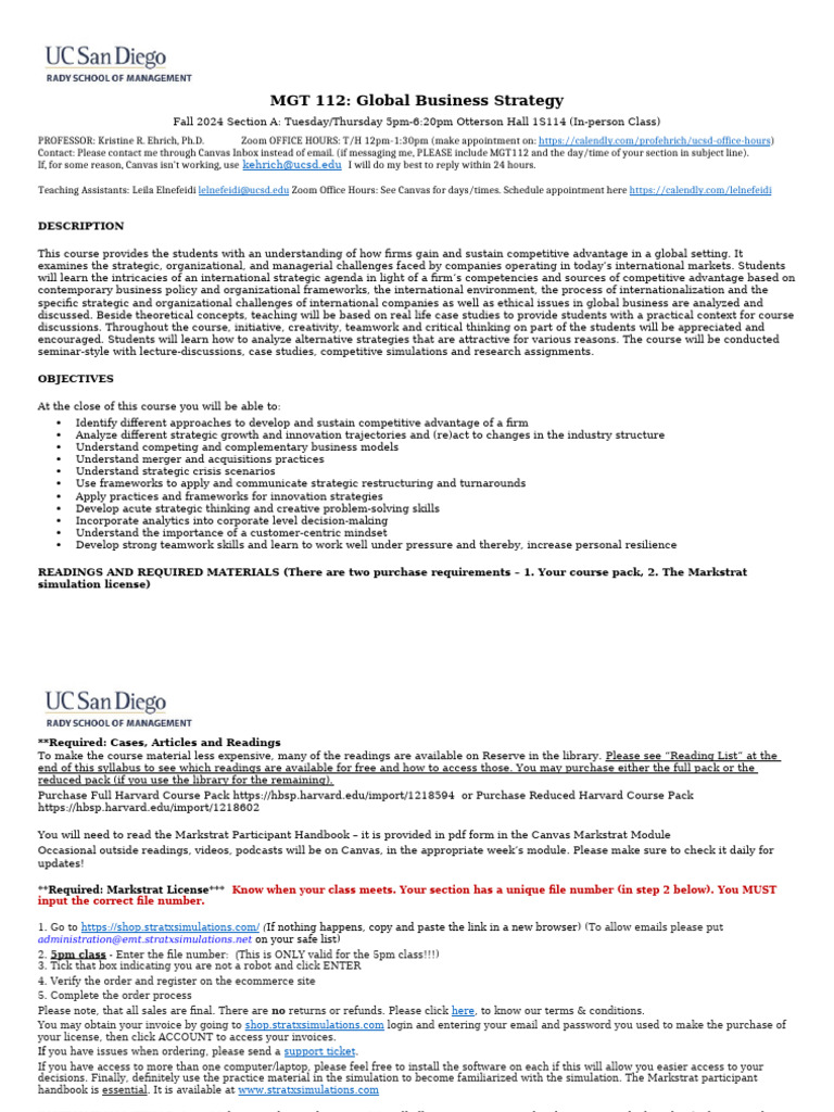 MGT112 Syllabus Fall 2024 Ehrich | PDF | Plagiarism | Academic Integrity