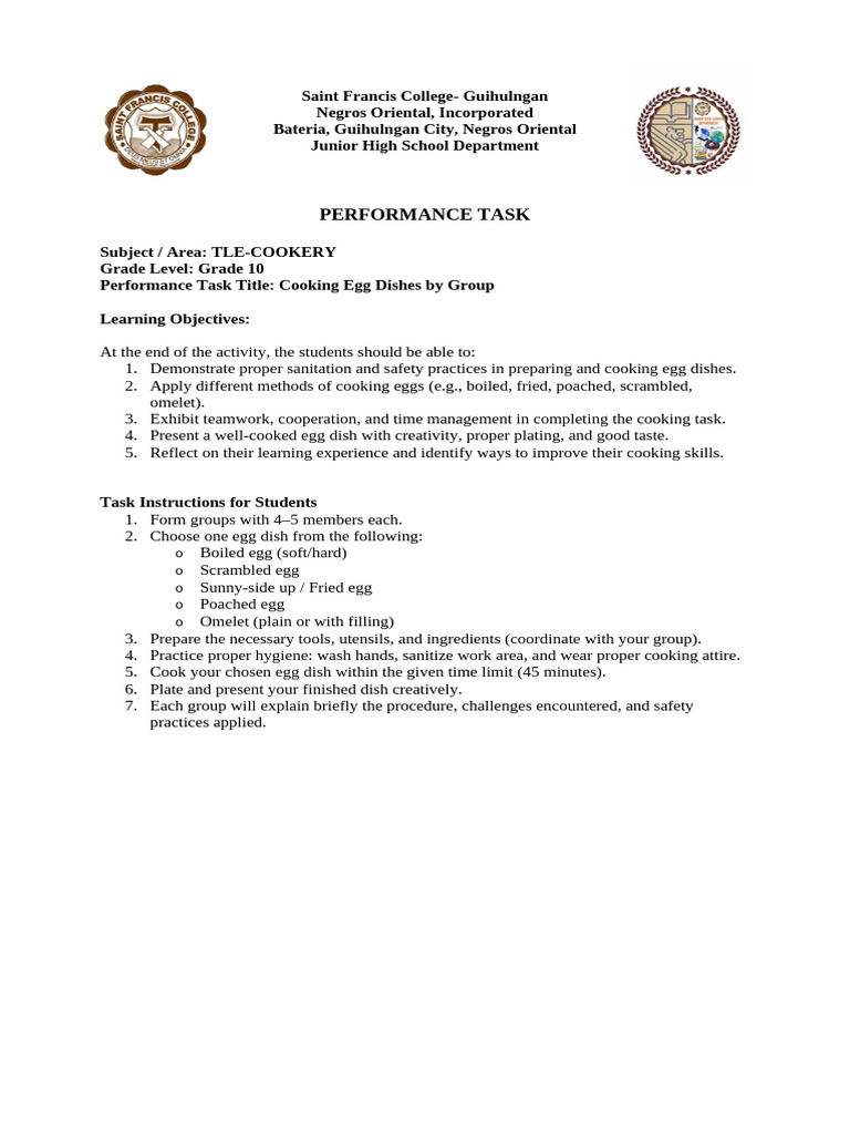 Performance Task Rubrics g10 | PDF | Cooking | Cuisine