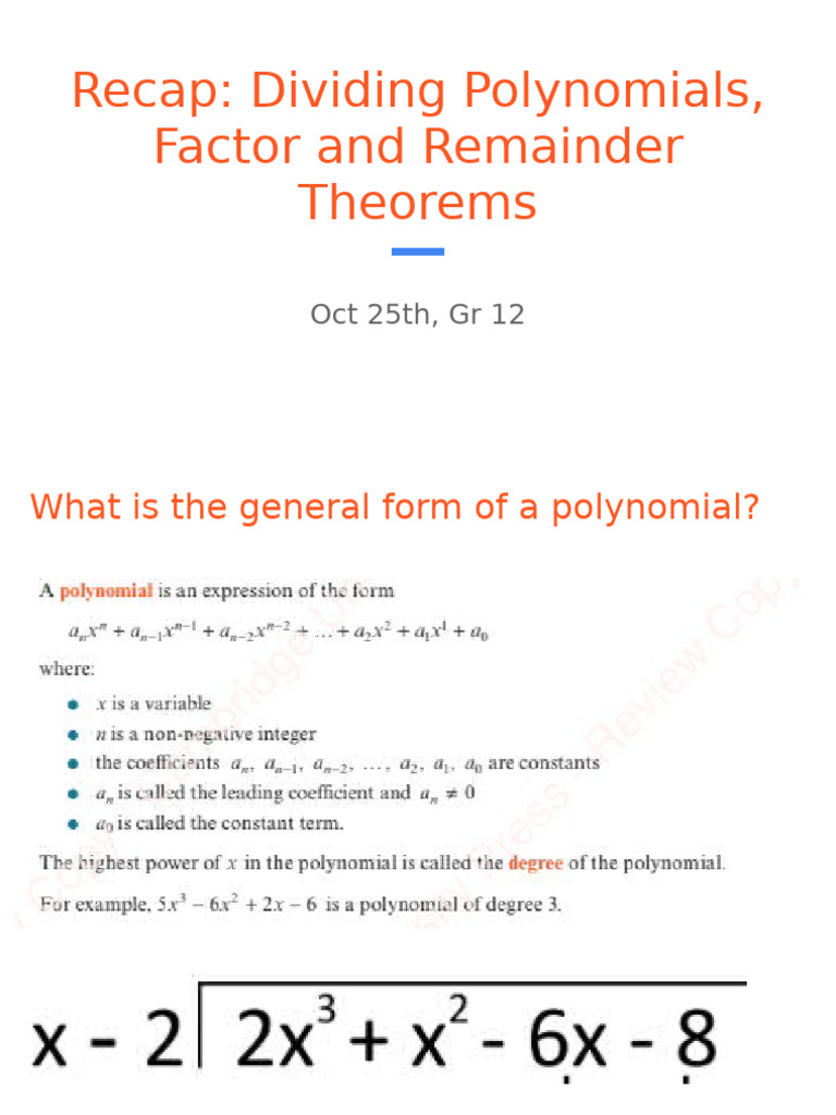 Recap - Dividing Polynomials, Factor and Remainder Theorems | PDF
