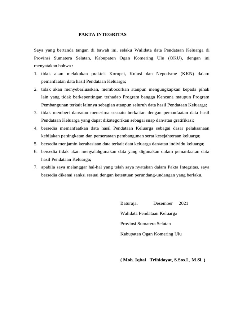 Pakta Integritas Walidata Pk21 | PDF