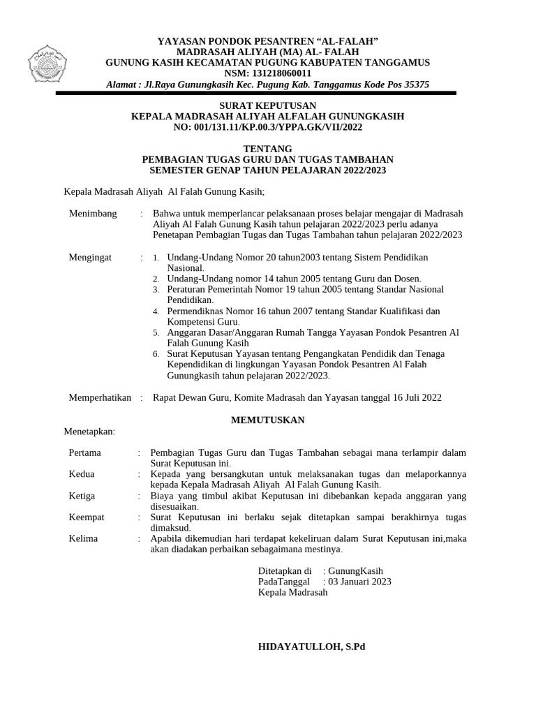 SK PEMBAGIAN TUGAS 2022-2023 | PDF