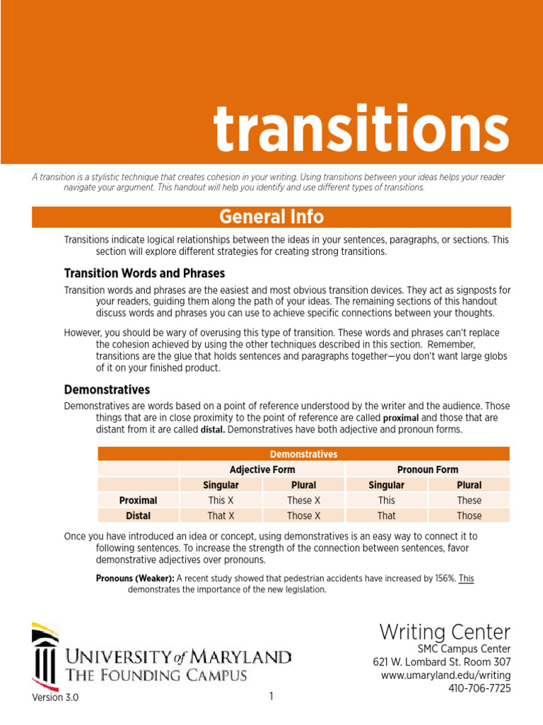 Effective Transition Techniques in Writing | PDF | Grammatical Number ...