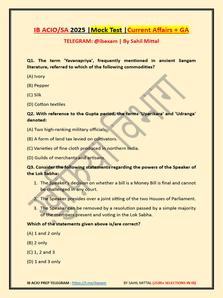 IB ACIO 2025 Mock Test & Current Affairs | PDF