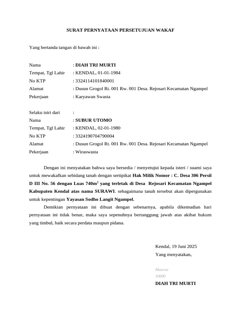 Surat Pernyataan Persetujuan Wakaf | PDF
