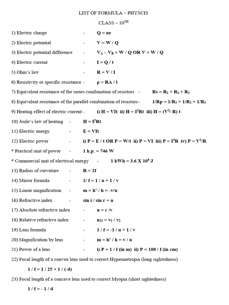 Class 10 Physics Formula Sheet | PDF
