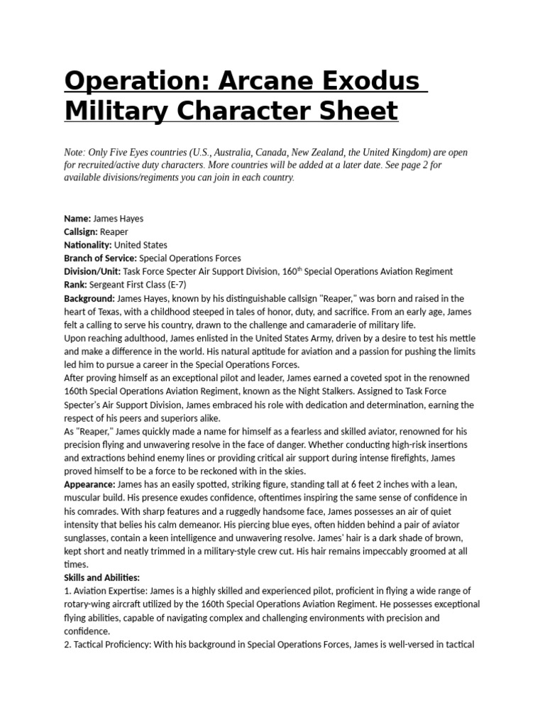 OAE Military Character Sheet Hayes | PDF | Military