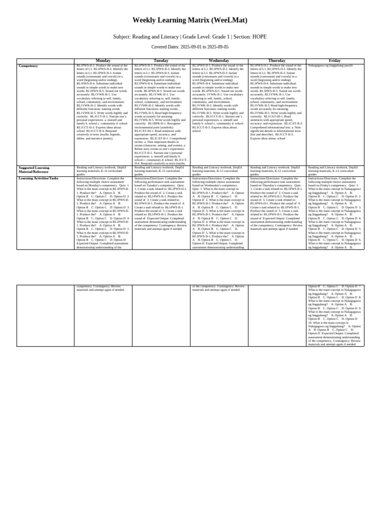 Weekly Learning Matrix for Grade 1 | PDF | Learning | Linguistics