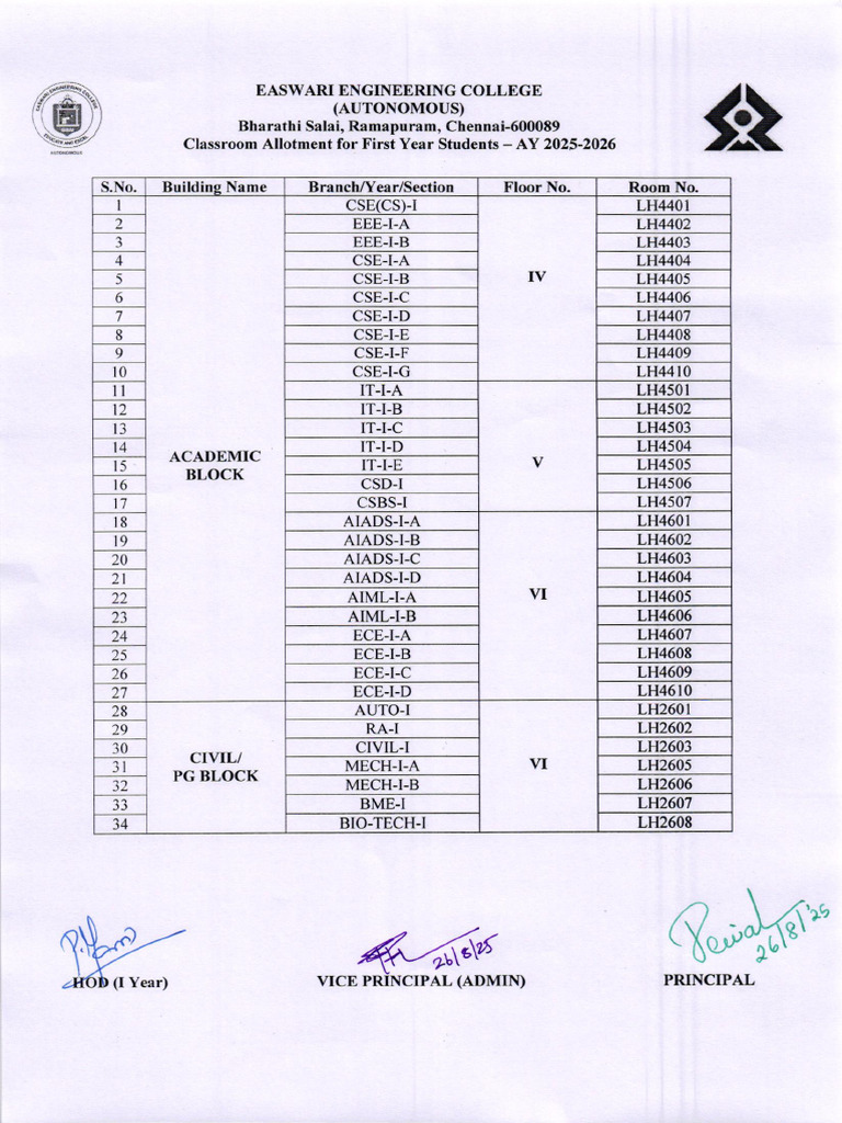 Classroom allotment - 1st year - 2025-2026 | PDF