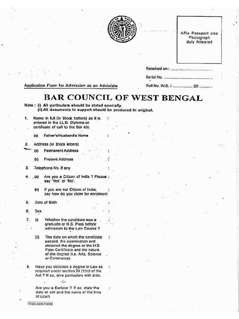 Application Form For Enrollment in Bar Council of West Bengal | PDF
