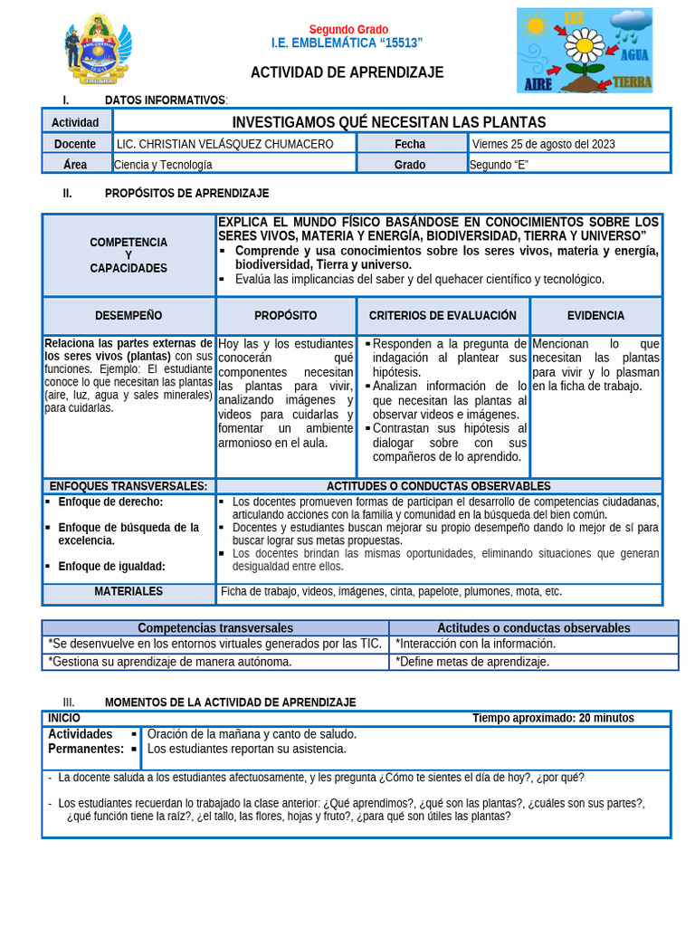 Conocemos Qué Necesitan Las Plantas 25 de Agosto | PDF | Aprendizaje ...