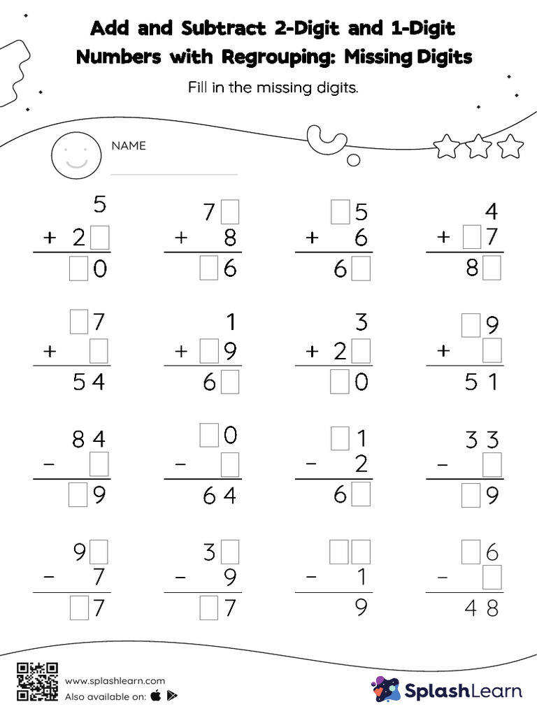 Add and Subtract 2-Digit and 1-Digit Numbers With Regrouping_ Missing ...