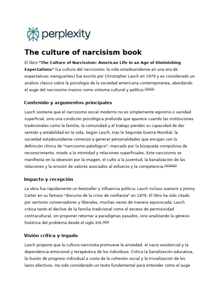 La cultura del narcisismo de Lasch | PDF | Capitalismo | Narcisismo