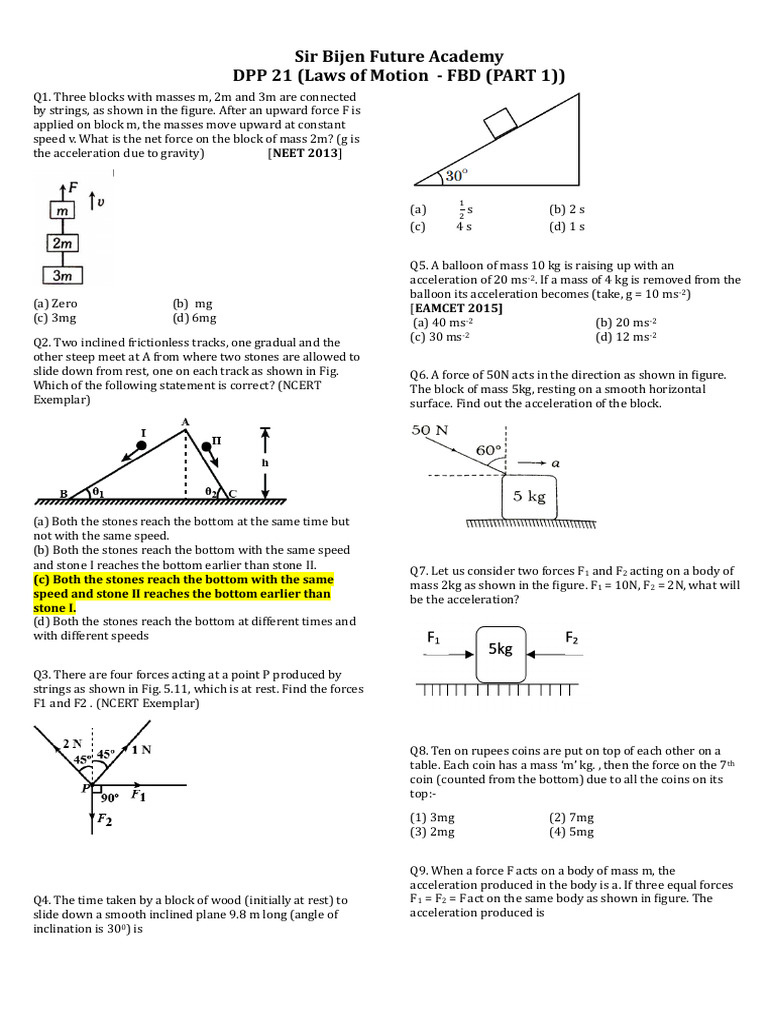 Laws of Motion Practice Questions | PDF | Force | Mass