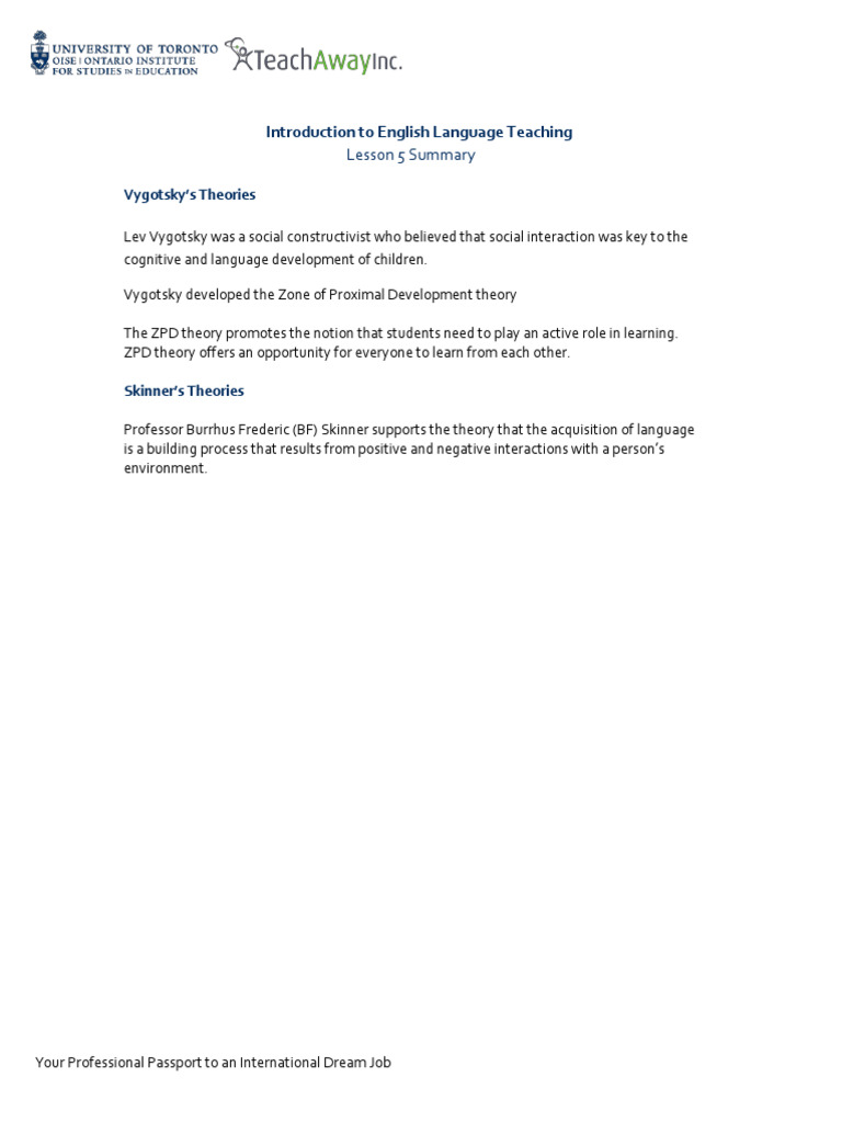 Introduction To English Language Teaching: Lesson 5 Summary | PDF