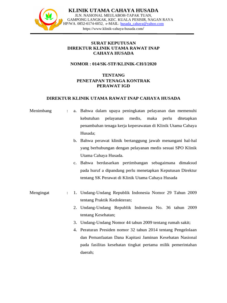 Penetapan Perawat IGD Klinik Cahaya Husada | PDF