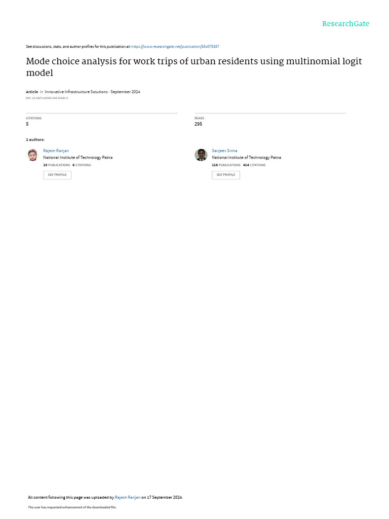 Mode Choice Analysis For Work Trips of Urban Residents Using ...
