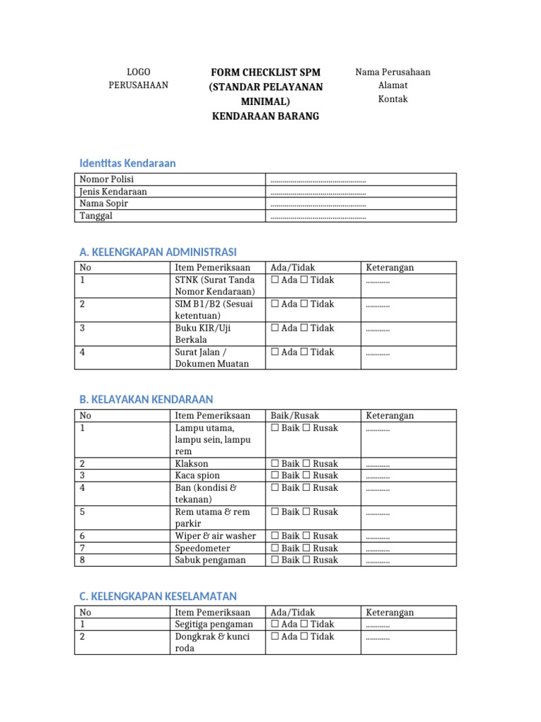 Form Checklist SPM Kendaraan Barang Logo | PDF