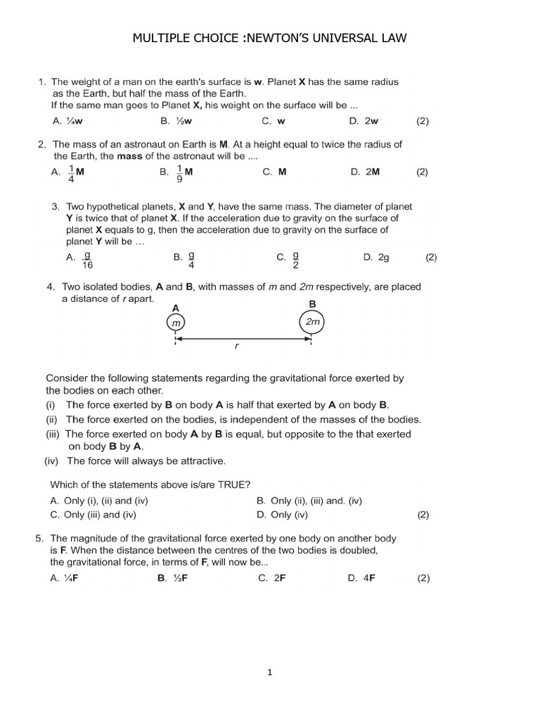 Multiple Choice Newtons Universal Law 2022 | PDF