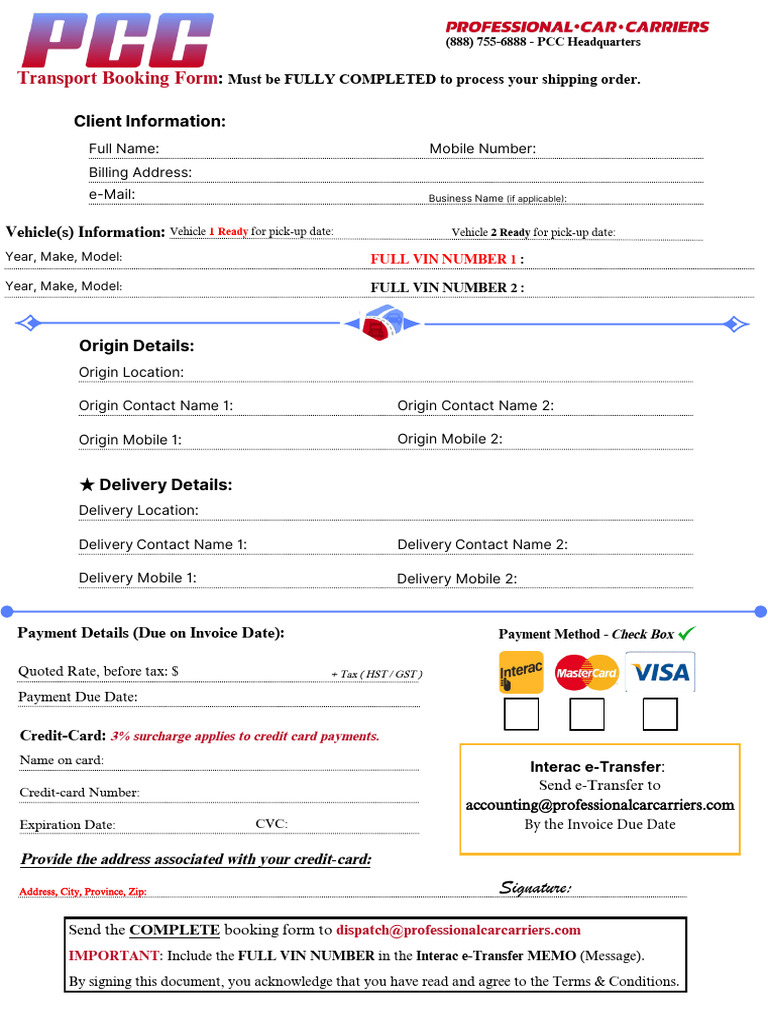 (PCC) Transport Booking Form | PDF | Customs | Credit Card