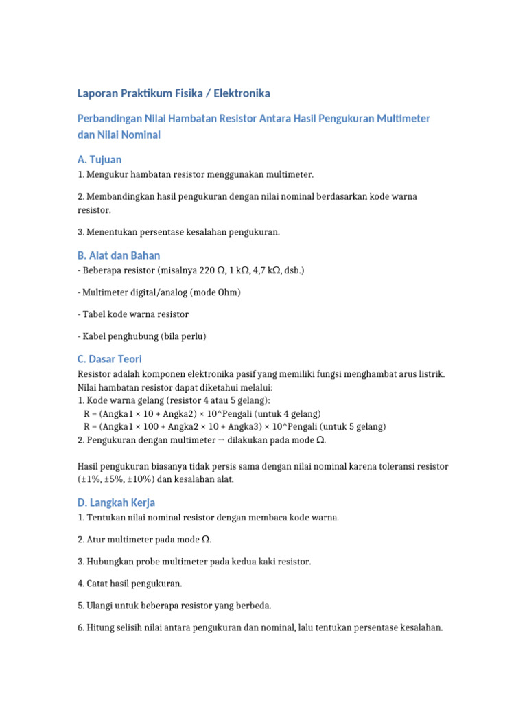 Laporan Pengukuran Resistor Dengan LK | PDF