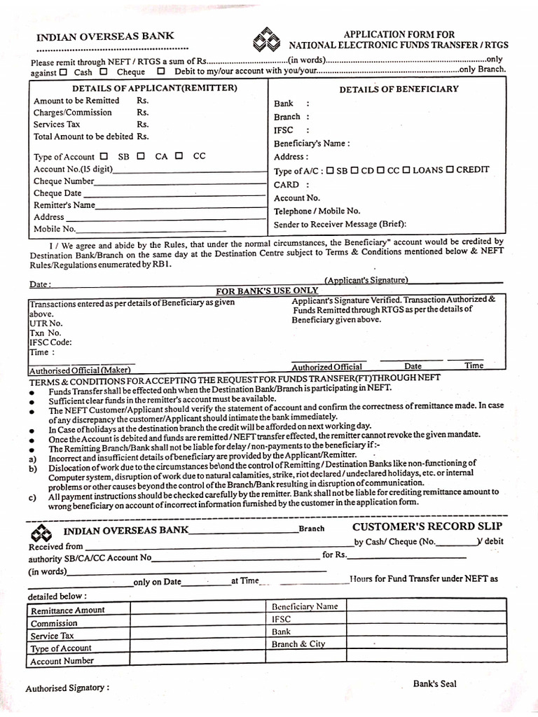 Iob RTGS From | PDF