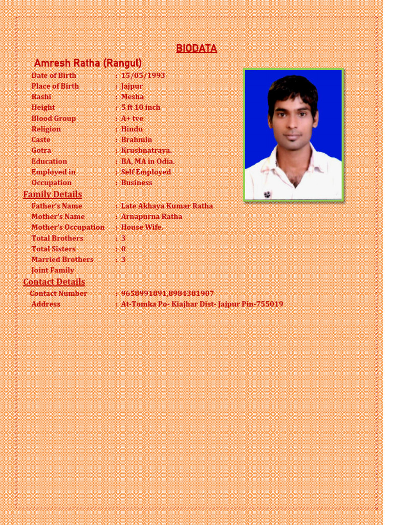 Amresh Ratha's Personal Biodata Summary | PDF