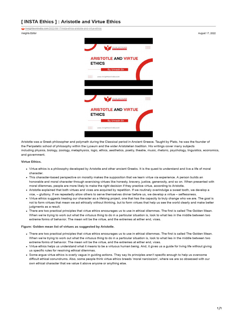 InSTA Ethics Aristotle and Virtue Ethics | PDF | Virtue | Aristotle