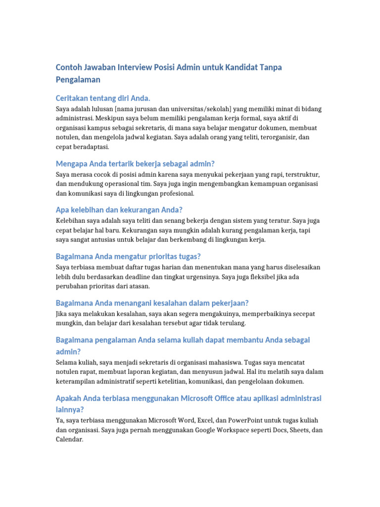 Jawaban Interview Admin Tanpa Pengalaman | PDF