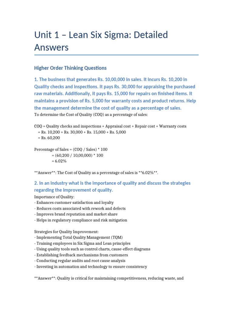 Unit1 Lean Six Sigma Detailed Answers | PDF | Six Sigma | Lean Manufacturing