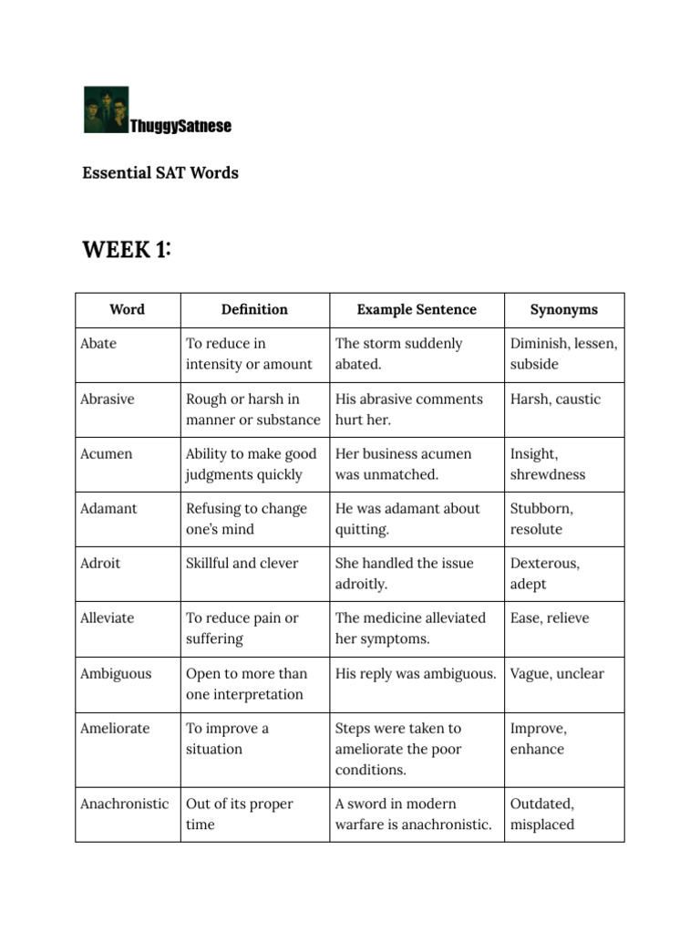 Essential SAT Vocabulary Week 1 | PDF | Emotions