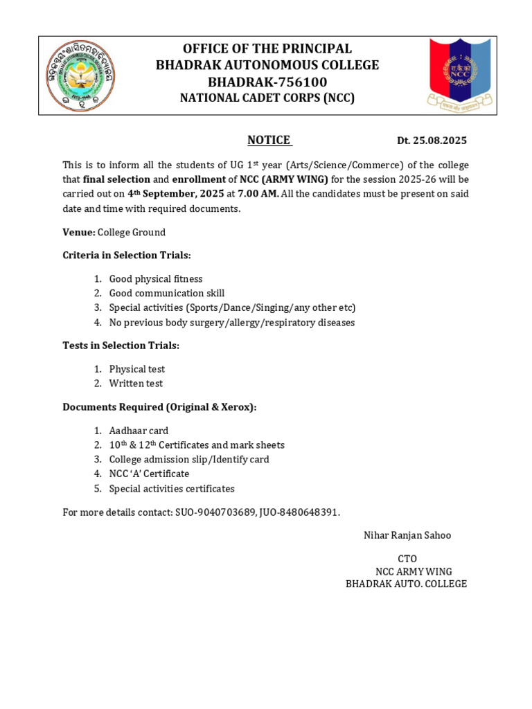 NCC Final Selection Notice | PDF