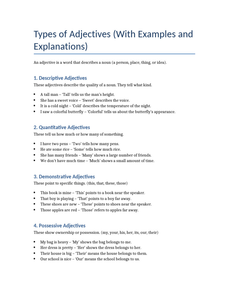 Types of Adjectives Explained | PDF | Adjective | Languages