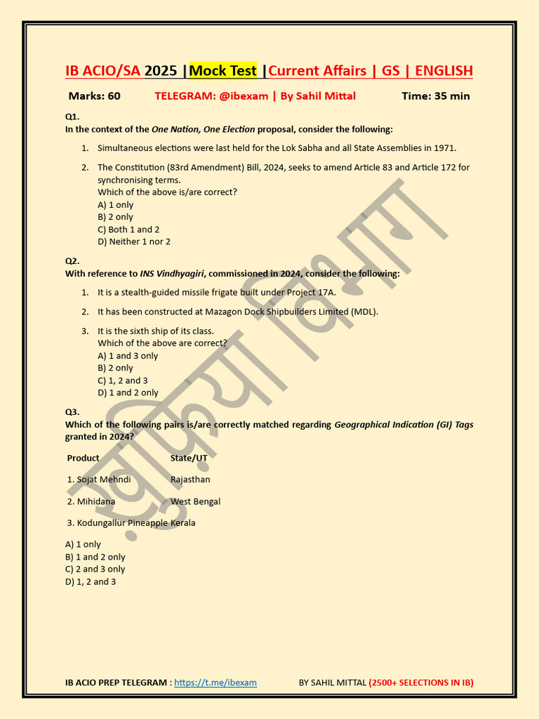 IB ACIO 2025 Mock Test 14 August 2025 | PDF
