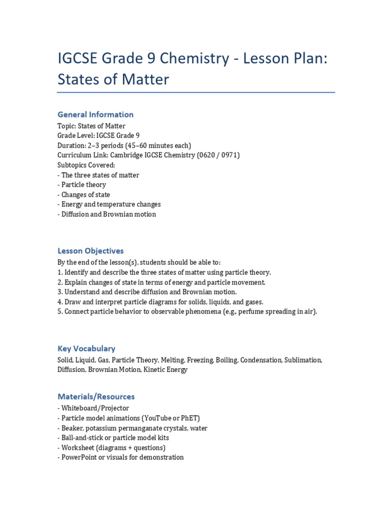 IGCSE Grade9 Chemistry States of Matter Lesson Plan | PDF | Gases | Liquids
