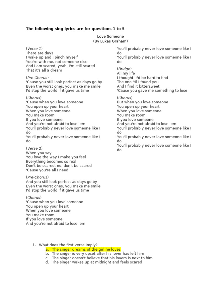 Song Lyrics Analysis and Questions | PDF