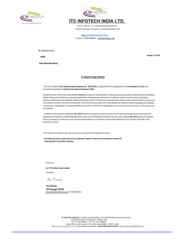 Employment Certificate for Mr. Rana | PDF | Software | Business