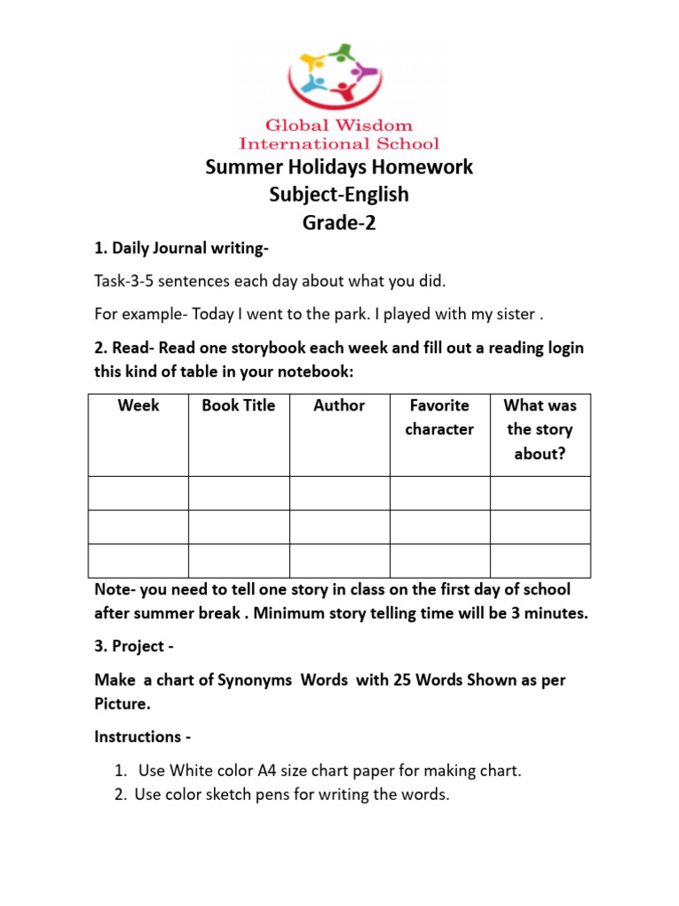 English - Grade 2 Summer Holiday HW | PDF