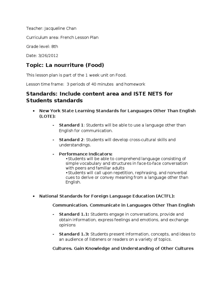 8th Grade French Food Lesson Plan | PDF | Lesson Plan | Communication