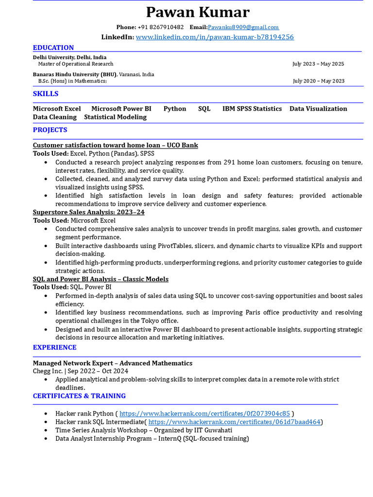 Pawan Kumar Data Analyst Resume 1 | PDF | Spss | Data Analysis