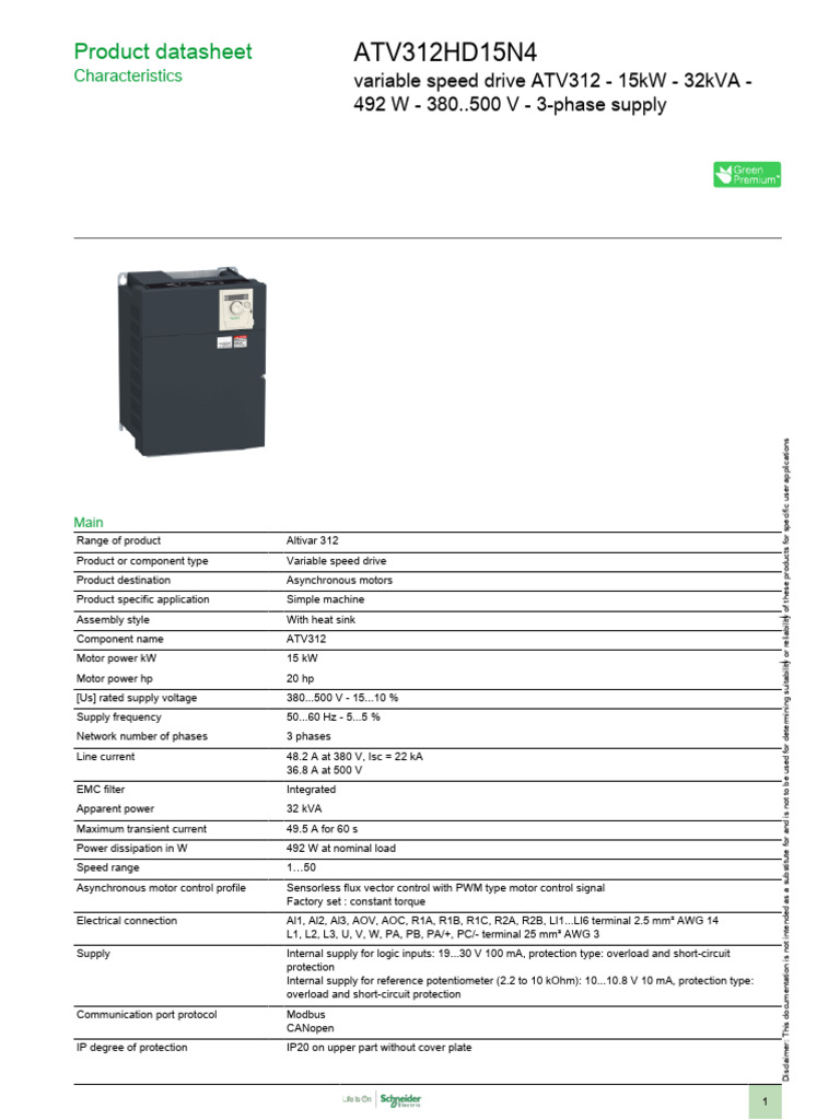 ATV312HD15N4 Variable Speed Drive Data | PDF | Electric Power ...