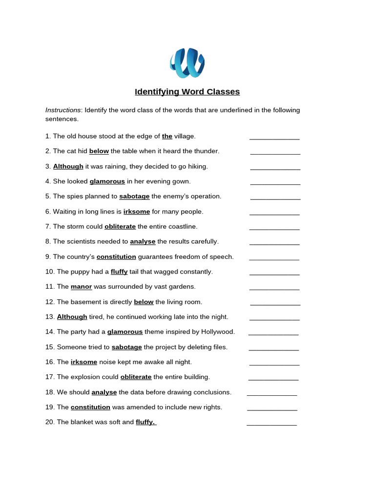 Word Class Worksheet | PDF