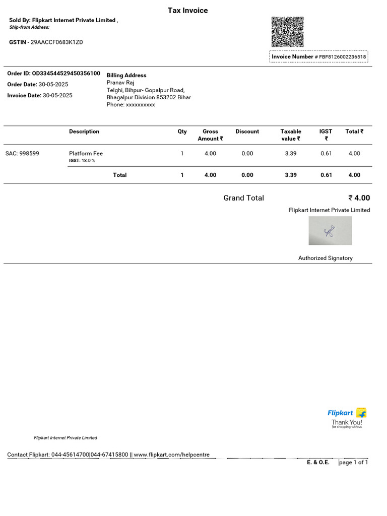 Flipkart Tax Invoice for Order OD334544529450356100 | PDF | Payments ...