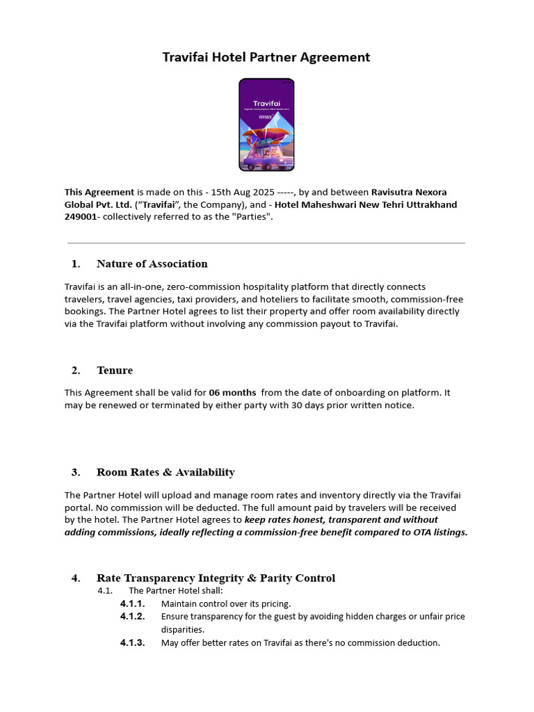 Travifai Hotel Partner Agreement | PDF | Indemnity