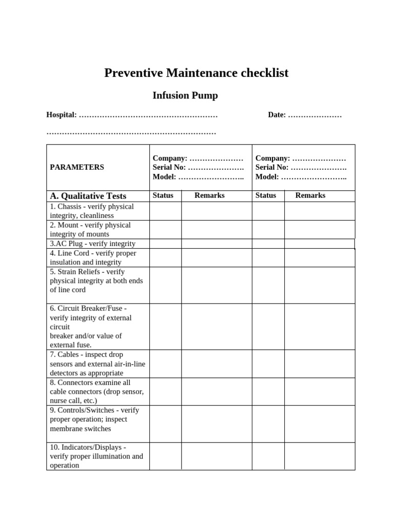 Infusion Pump Maintenance Checklist | PDF